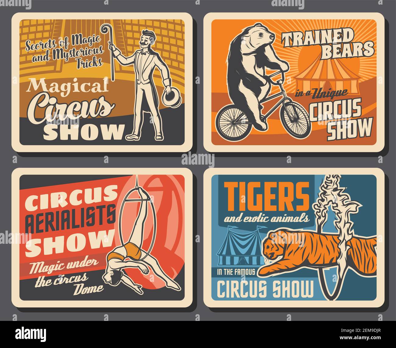 Circus performers, animals, chapiteau carnival top tent vector retro ...