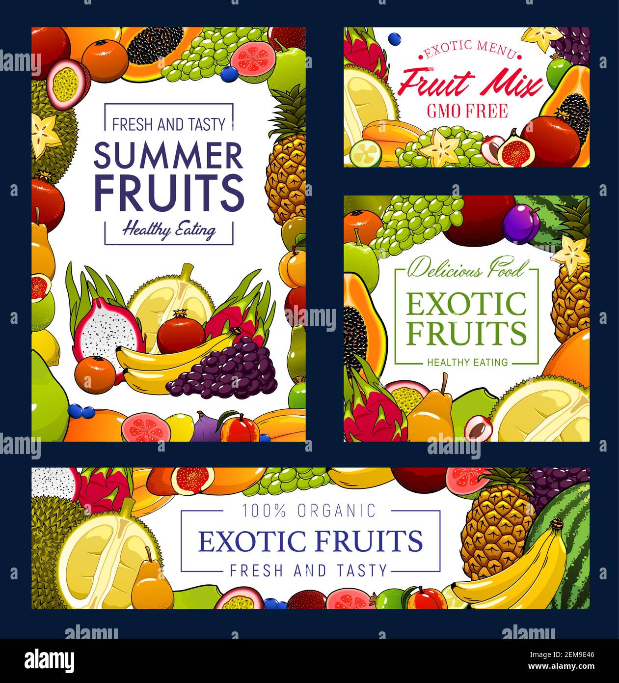 Fruits and berries, farm garden and tropical exotic harvest, vector ...