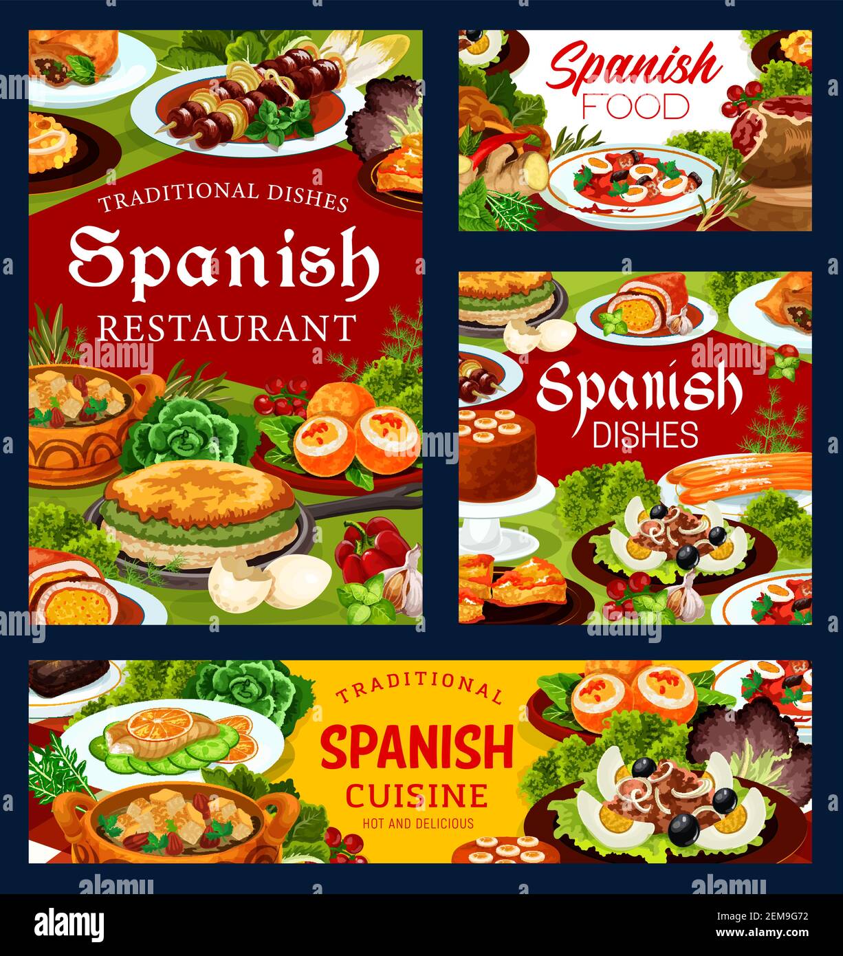 Spanish cuisine restaurant dishes, vector food. Seafood paella, Iberian ...