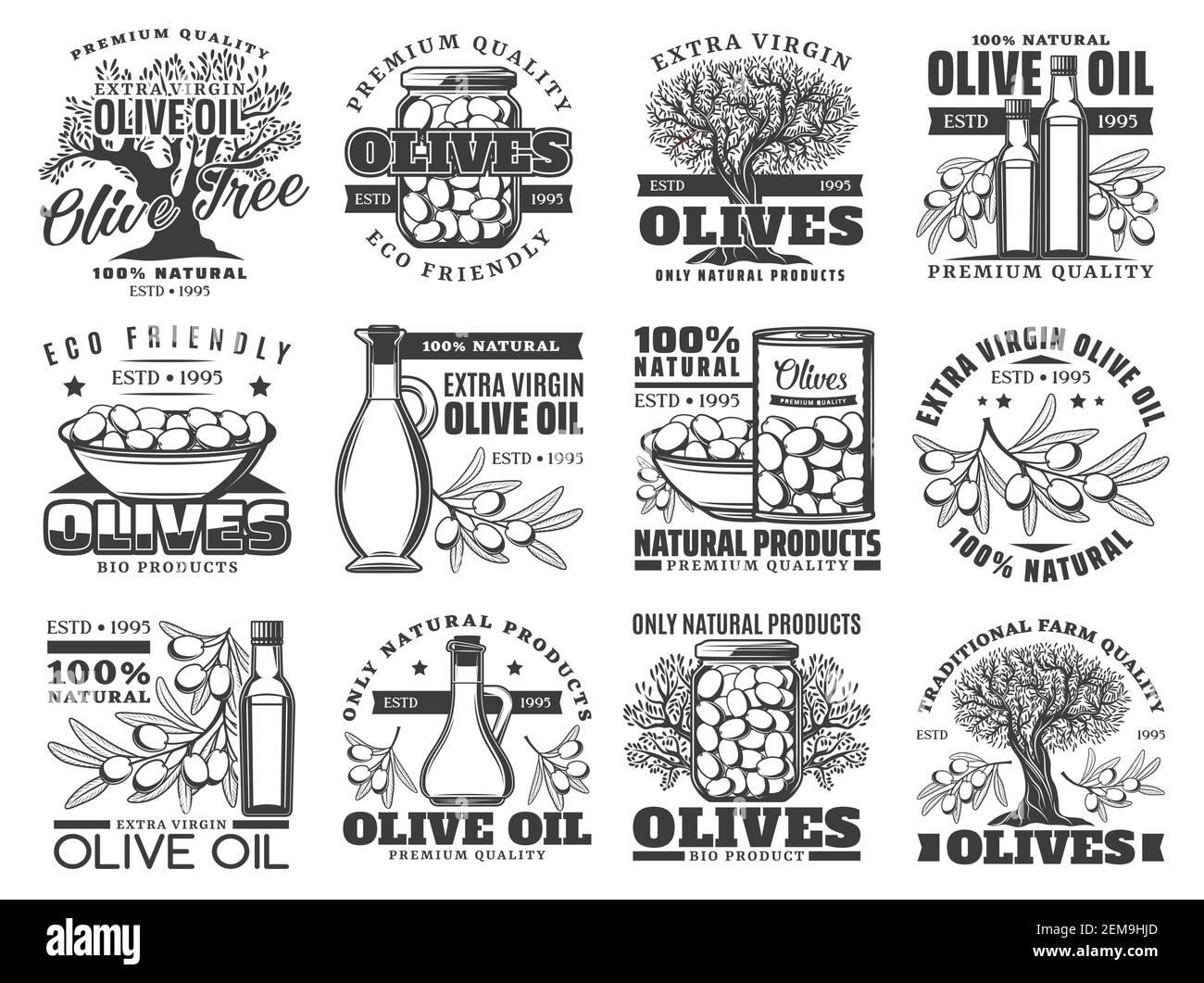 Olive oil, vector labels, olives farm products icons. Extra virgin ...