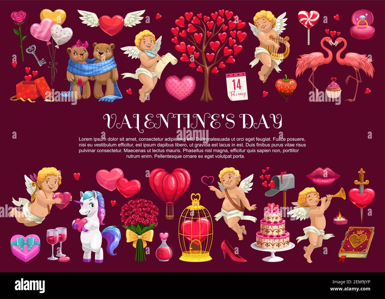 Valentines Day romantic love hearts, Cupids and gifts vector banner ...
