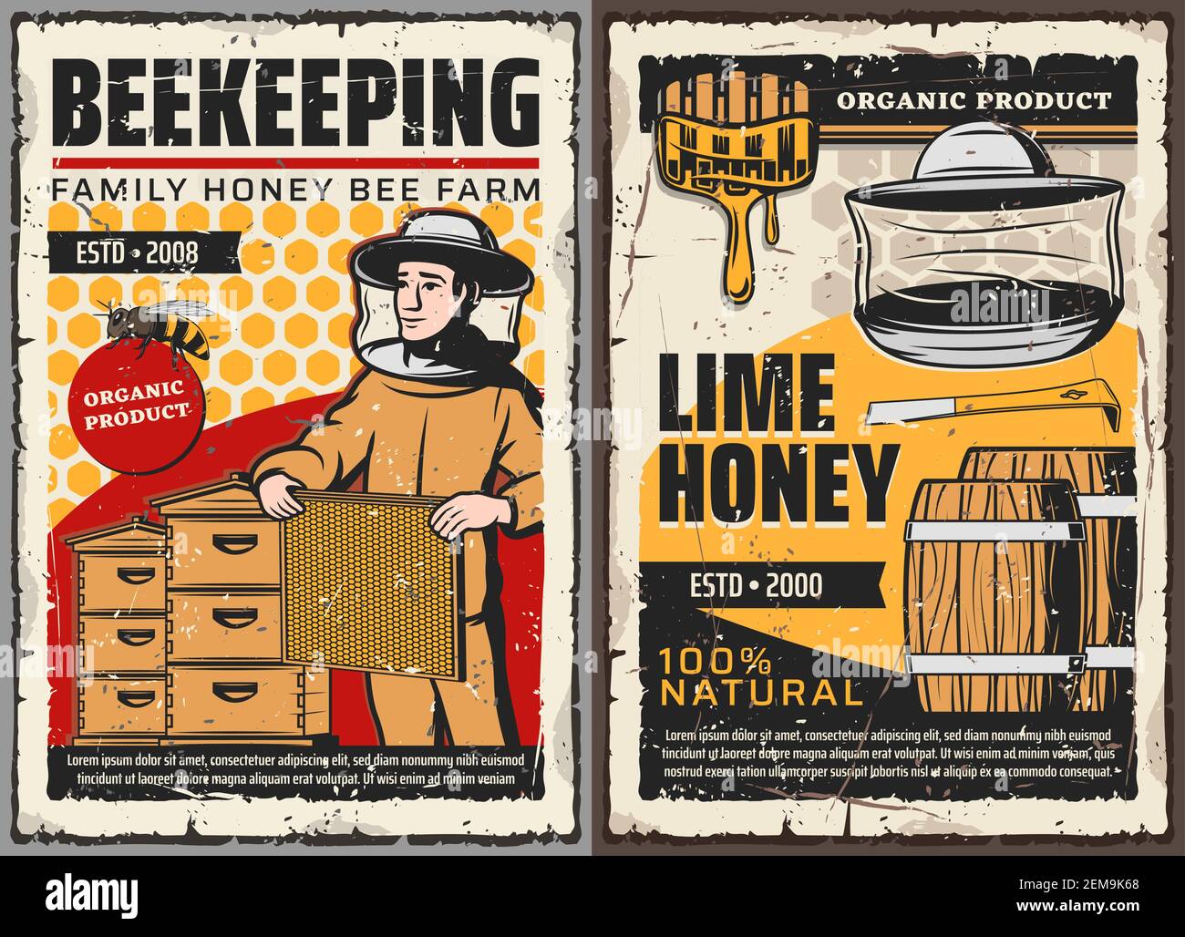 Honey and beekeeping farm, vector retro vintage posters. Family organic ...