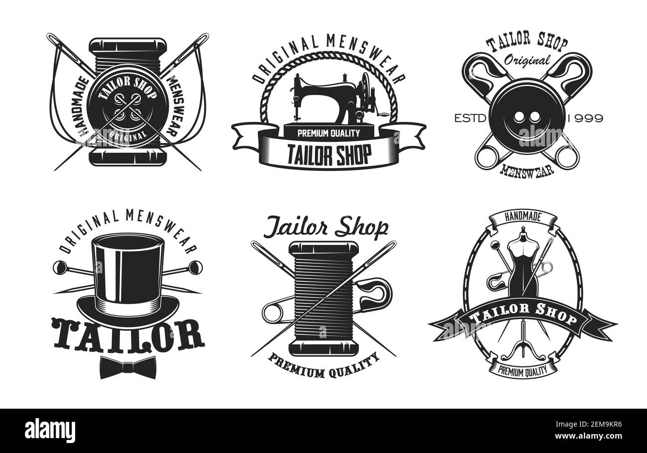 Tailor shop vector icons with sewing machine, needles and threads ...