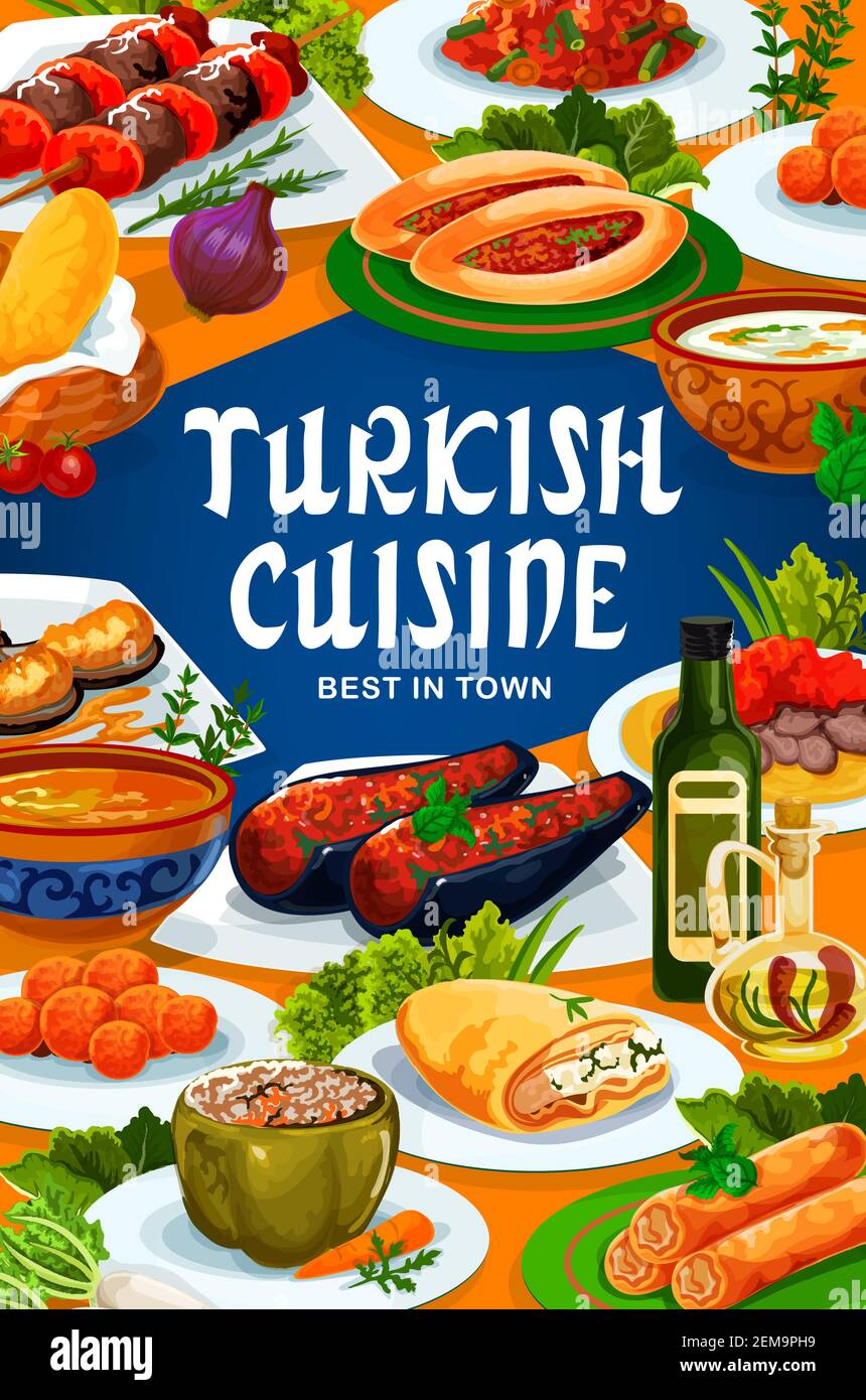 Turkish cuisine food, vector restaurant menu traditional dishes and ...
