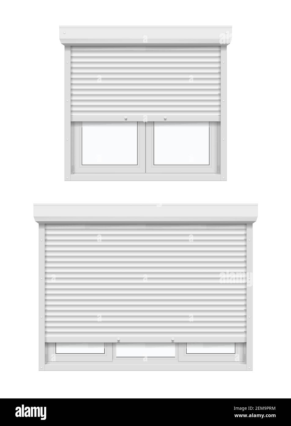 Windows with roller shutters, half opened. Vector 3d realistic white ...