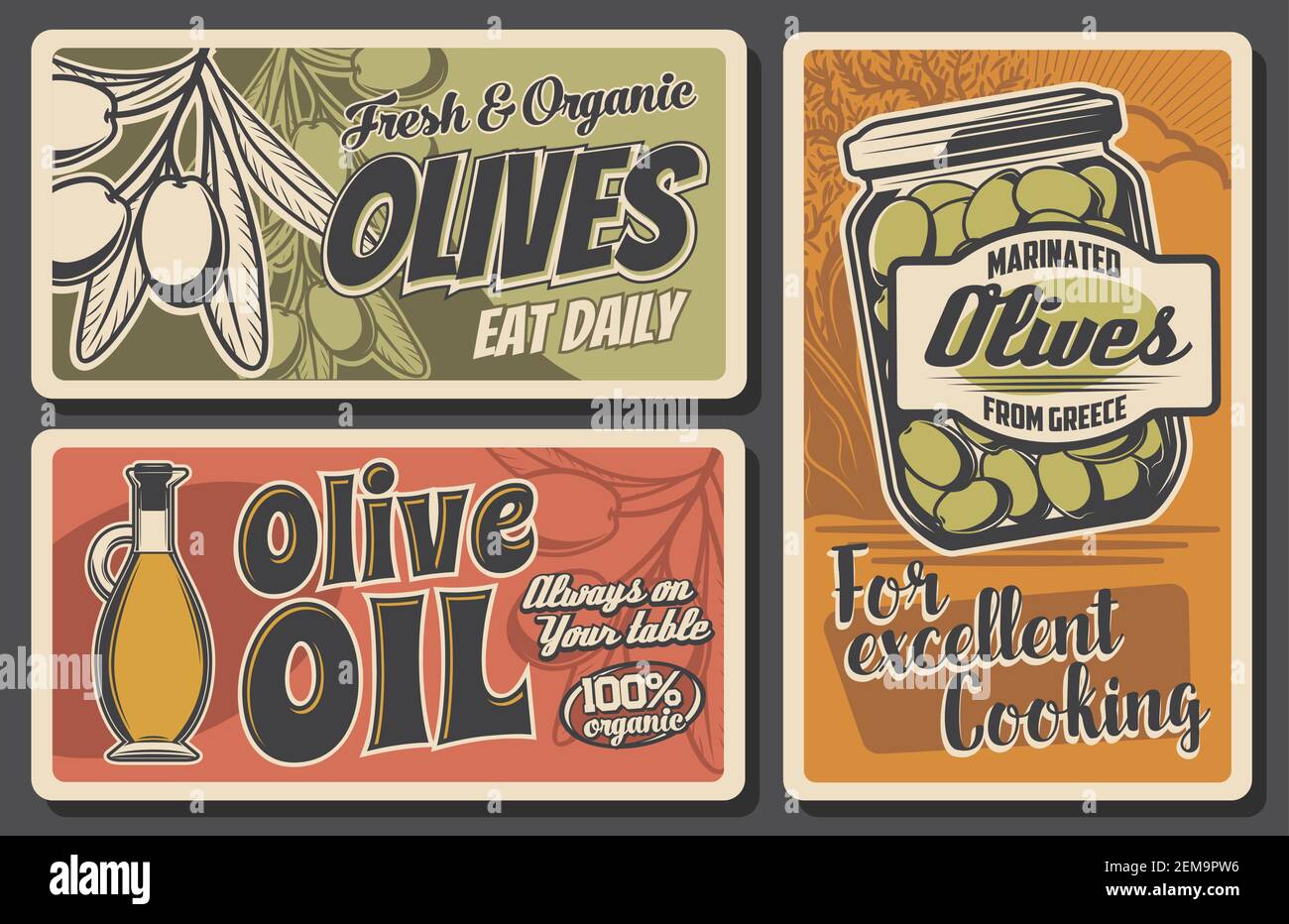 Olives retro posters with vector olive oil bottle and jar of marinated ...