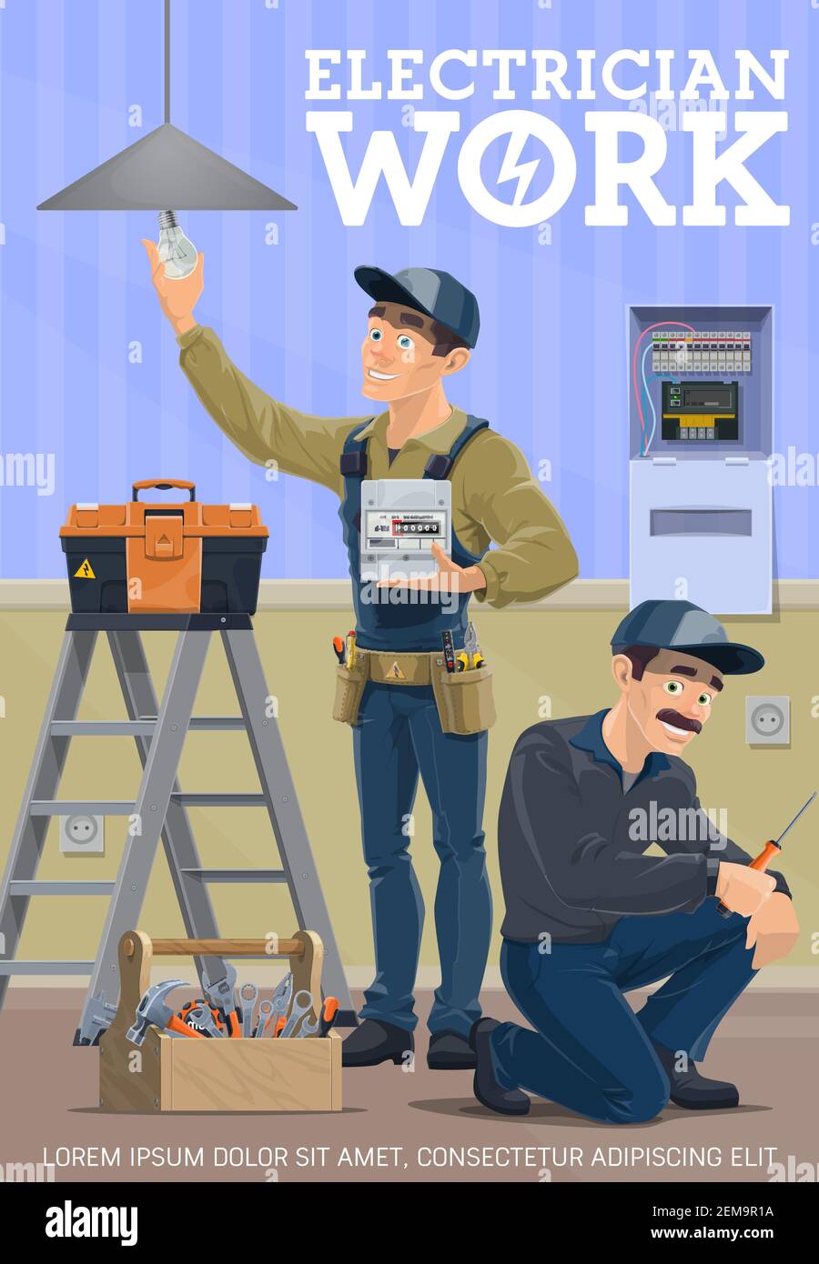 Electrician home service, vector poster, house electrical works ...