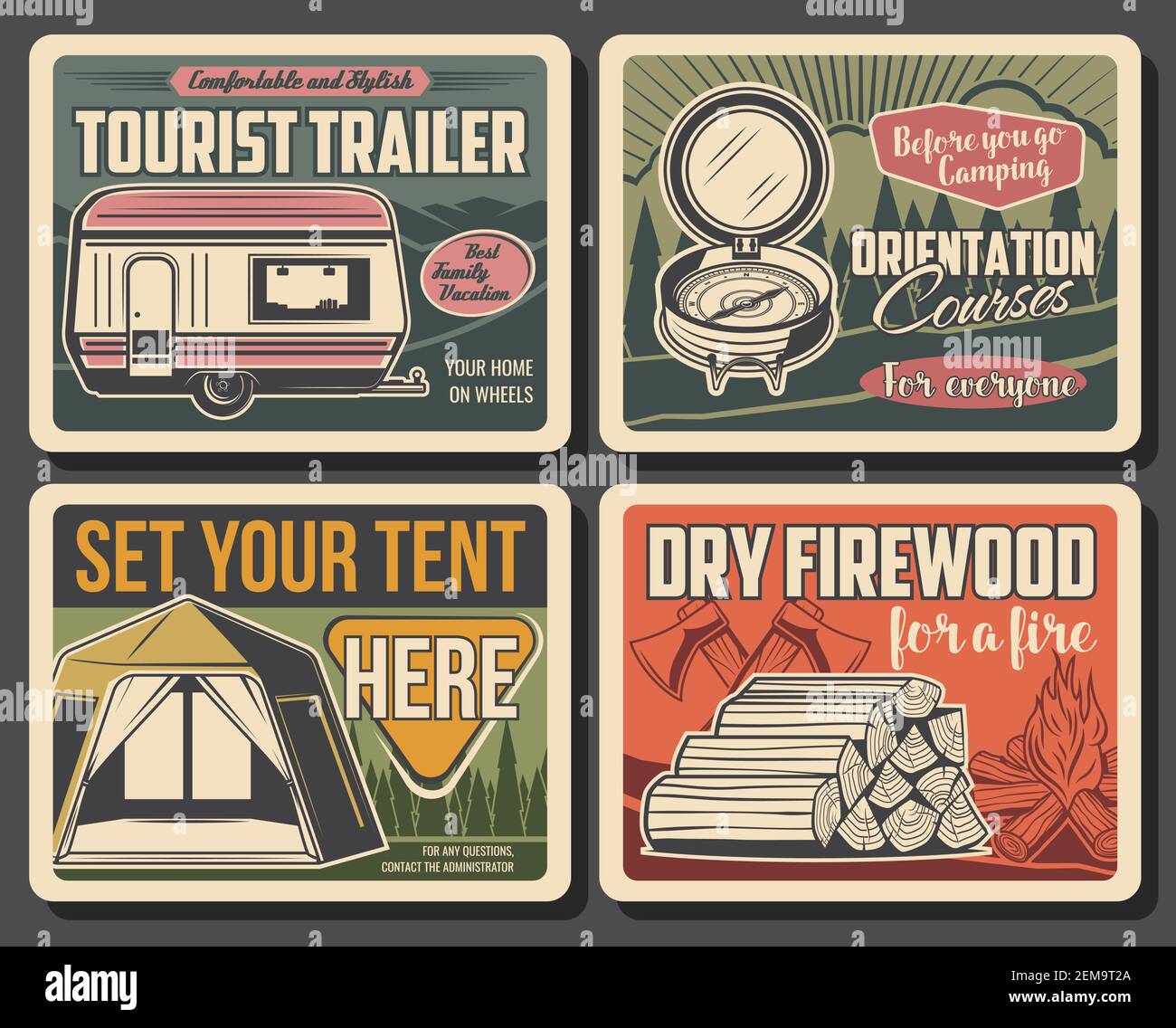 Camping vector vintage posters, summer outdoor adventure. Forest ...