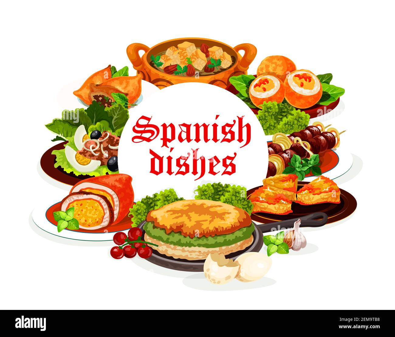 Spanish cuisine dishes, vector meat, fish and vegetable food. Tuna ...