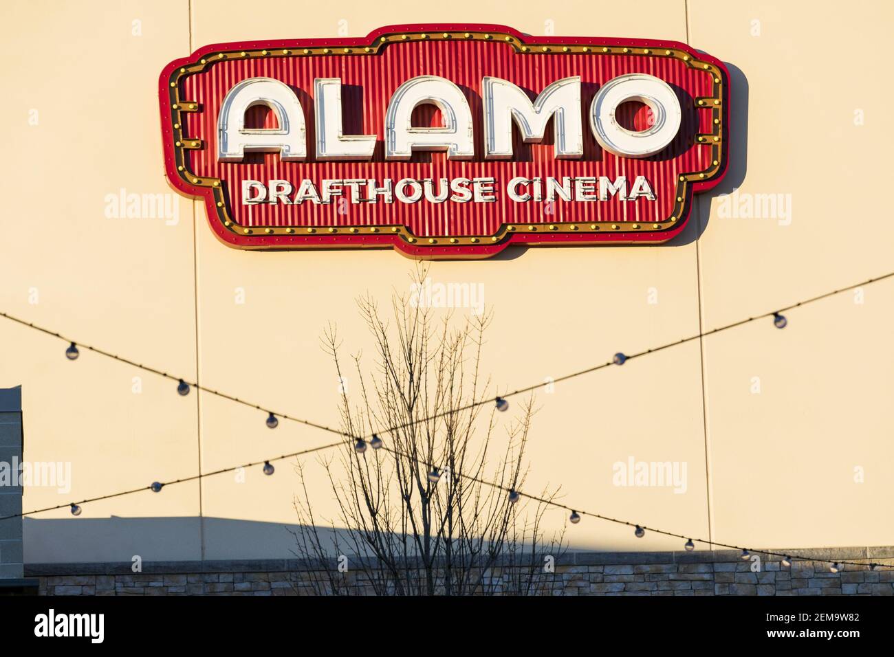 A logo sign outside of an Alamo Drafthouse Cinema location in ...