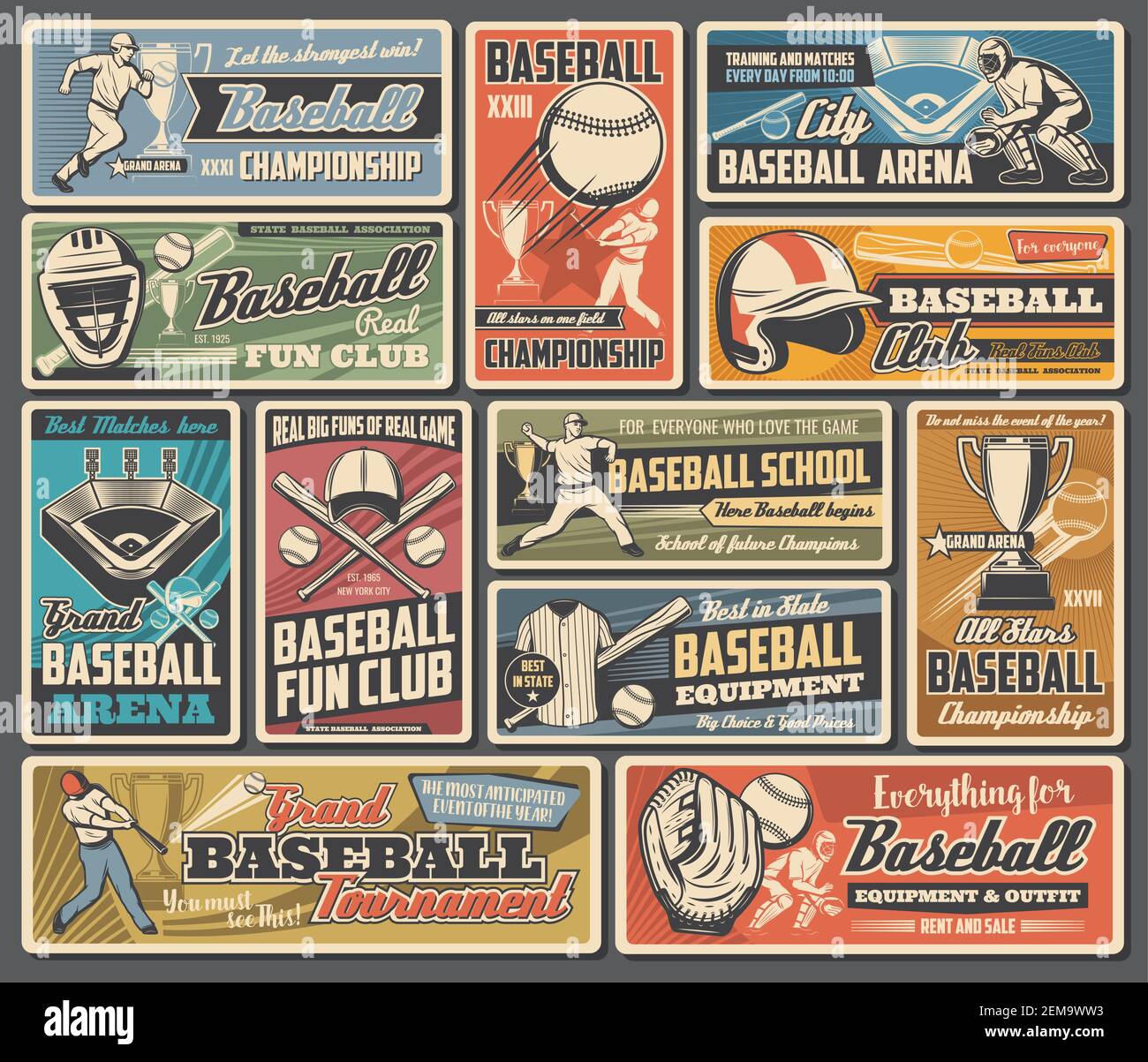 Baseball sport retro posters with vector balls, bats and players ...