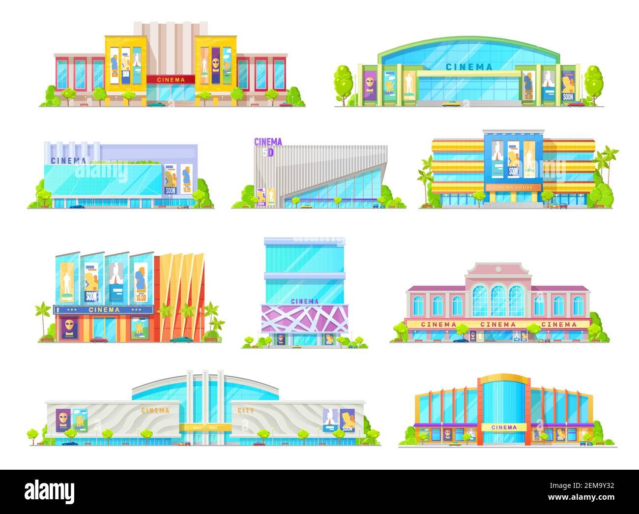 Cinema or movie theater building vector icons of house exterior facades ...