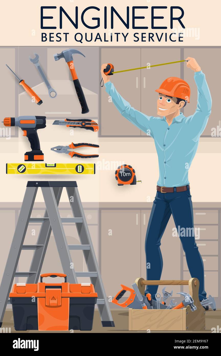 Construction engineer with work tools, cartoon vector engineering ...