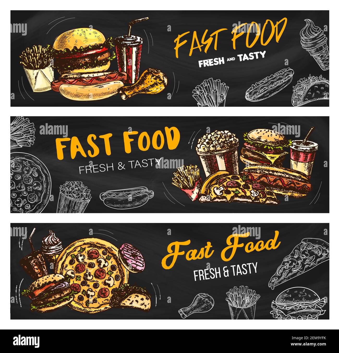 Fast food burgers and sandwiches menu, vector sketch banners. Fastdood ...