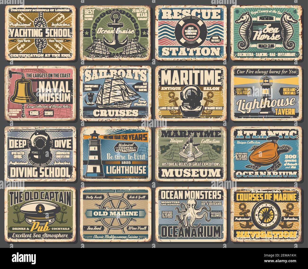 Nautical seafaring and marine vintage retro vector posters. Sea diving ...
