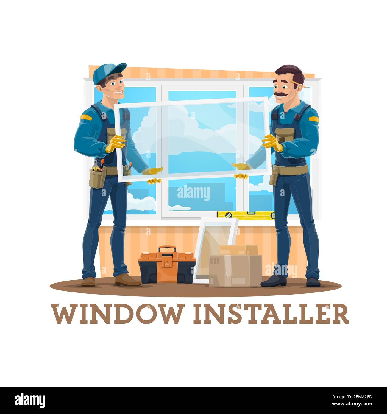 Window installation vector design of construction workers, carpenters ...
