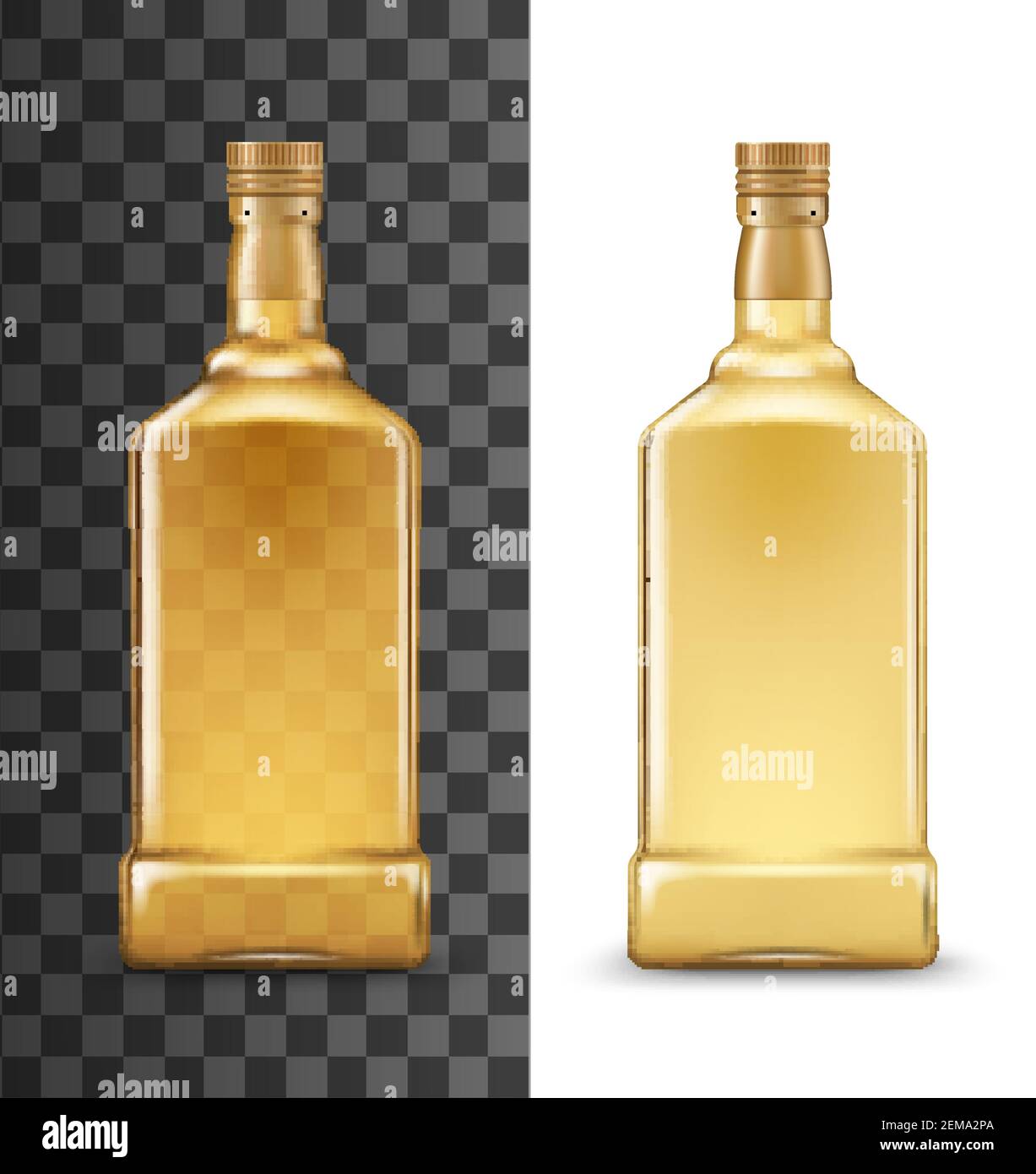 Whiskey, rum or bourbon glass bottle, alcohol drink vector mockup template. Yellow square or ...