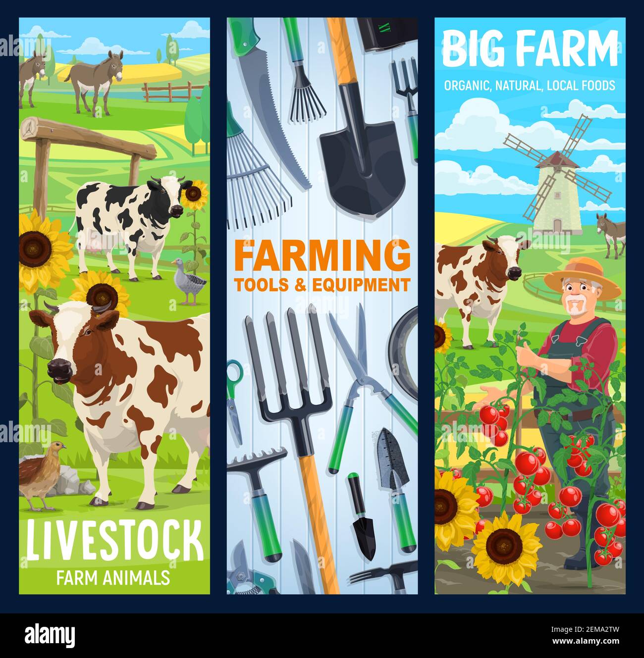 Cattle farm and gardening agriculture, vector banners. Farmer equipment ...