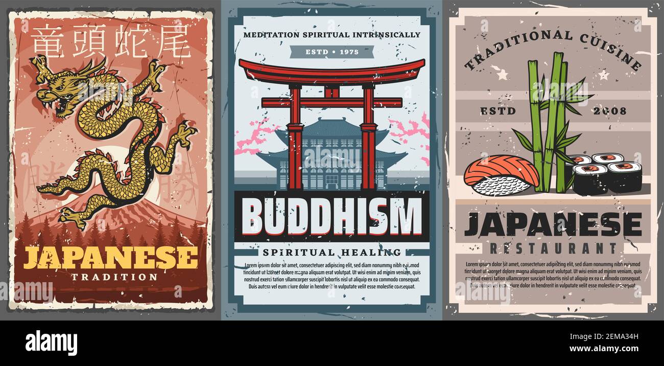 Japan travel, Japanese culture traditions and religion, vintage vector ...