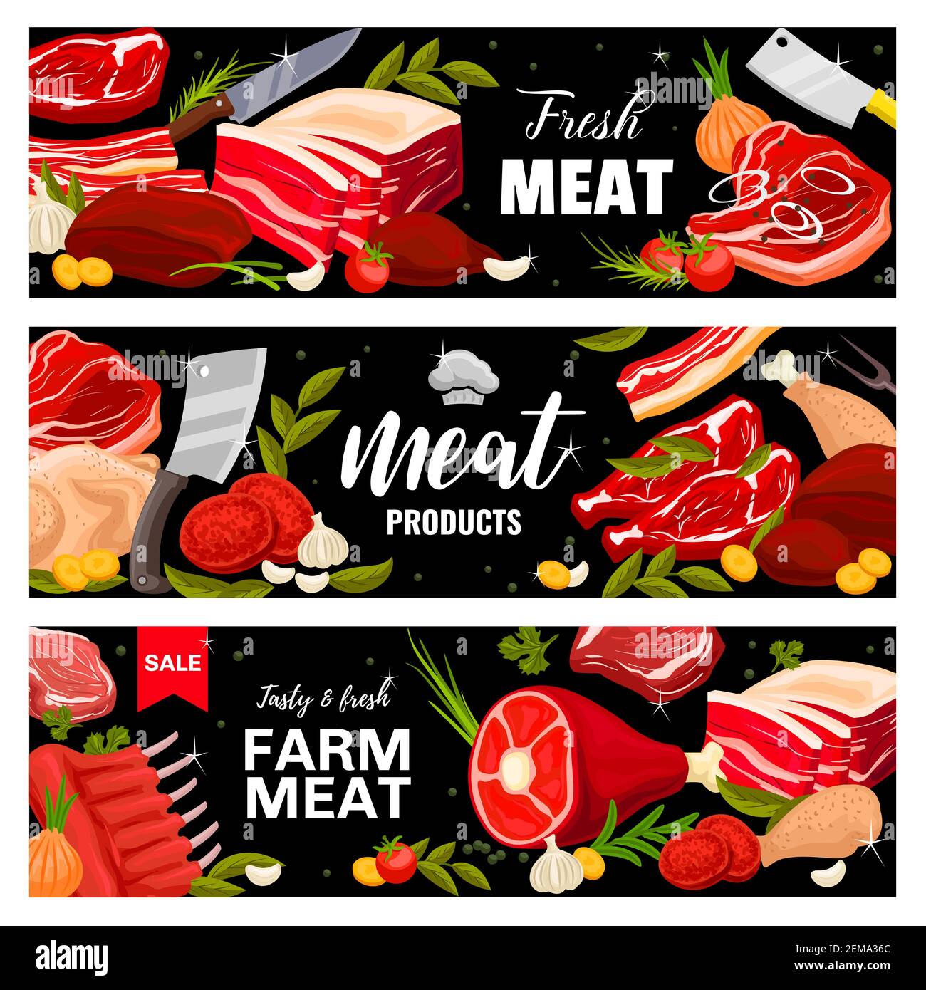 Meat food of butcher shop vector banners. Fresh beef and pork steaks ...