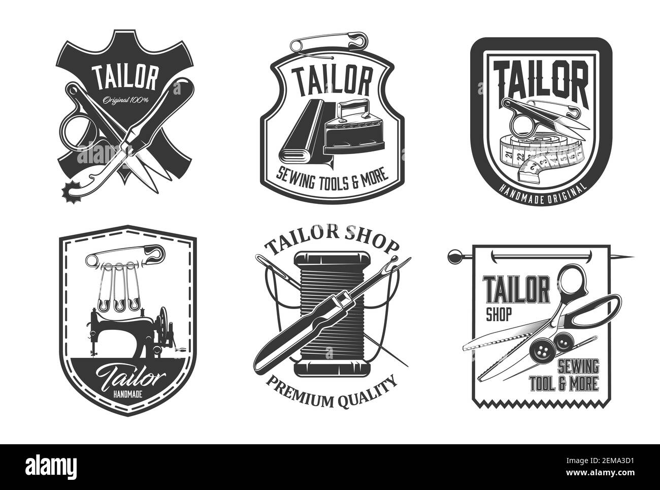 Sewing icons, tailor shop needle ans sewing machine, vector tailoring ...