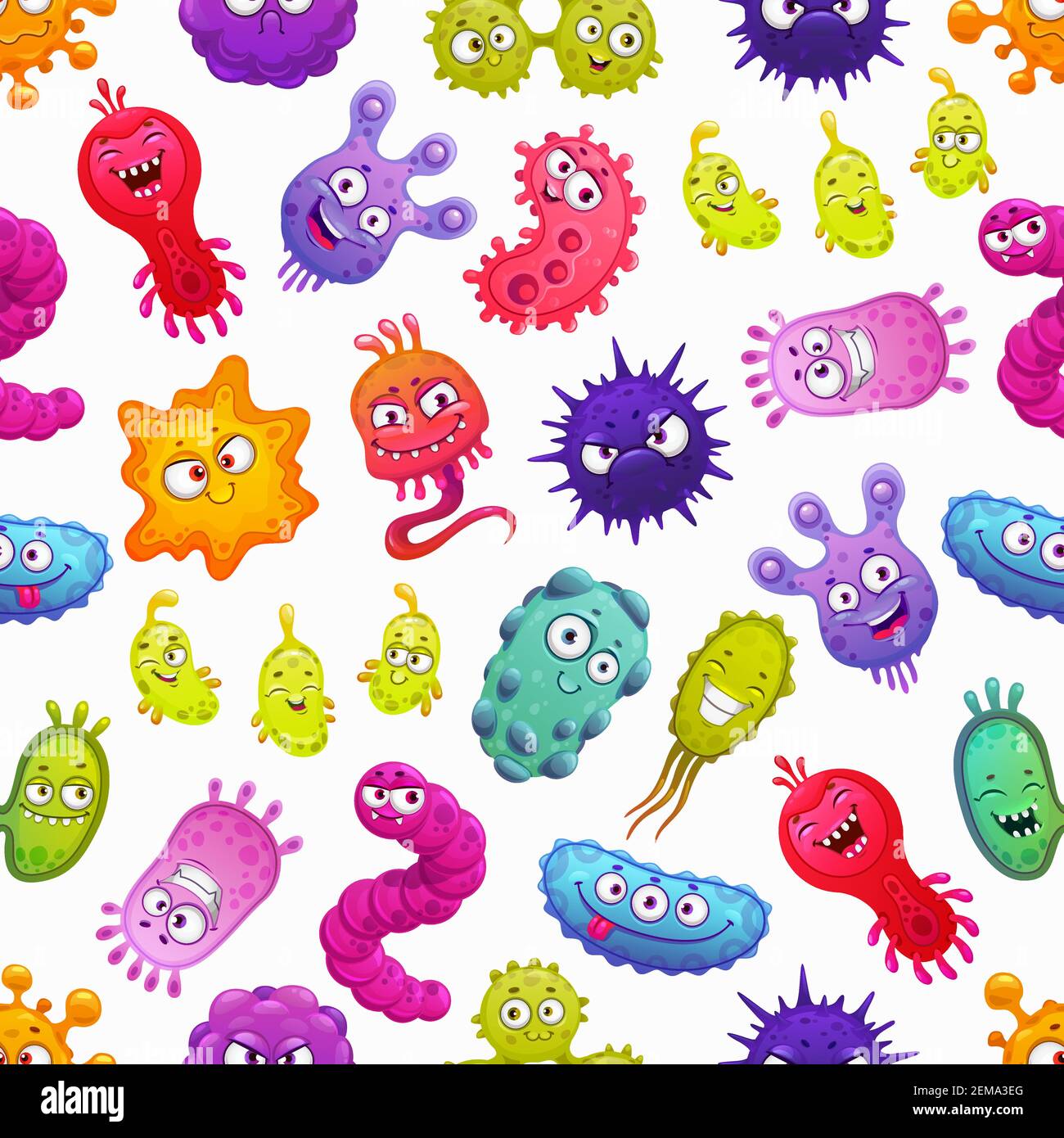 Virus, bacteria and germ vector seamless pattern with cute microbe ...