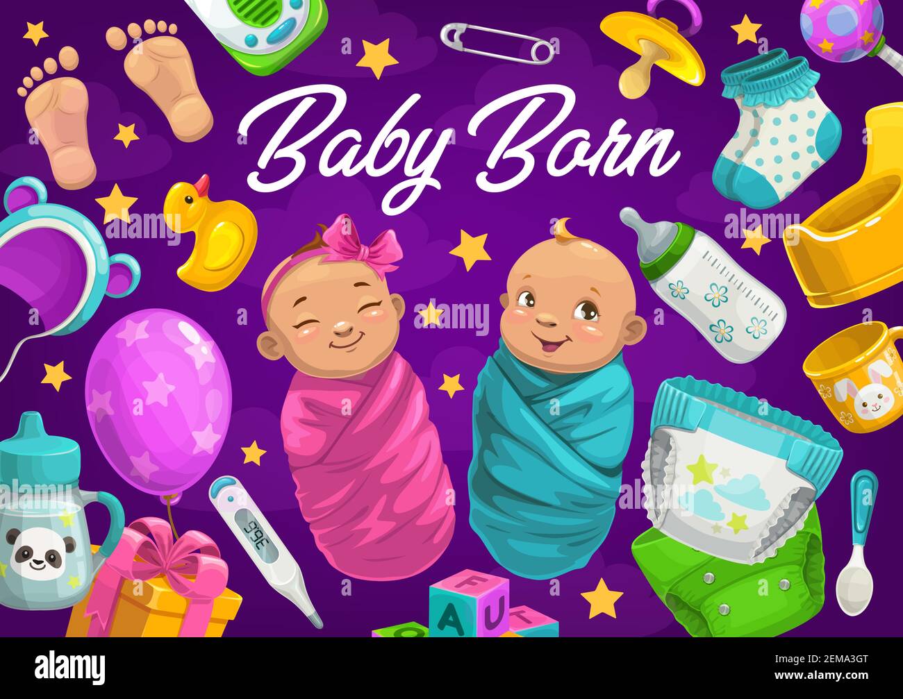 Newborn baby boy and girl vector card of baby shower. New born kids ...