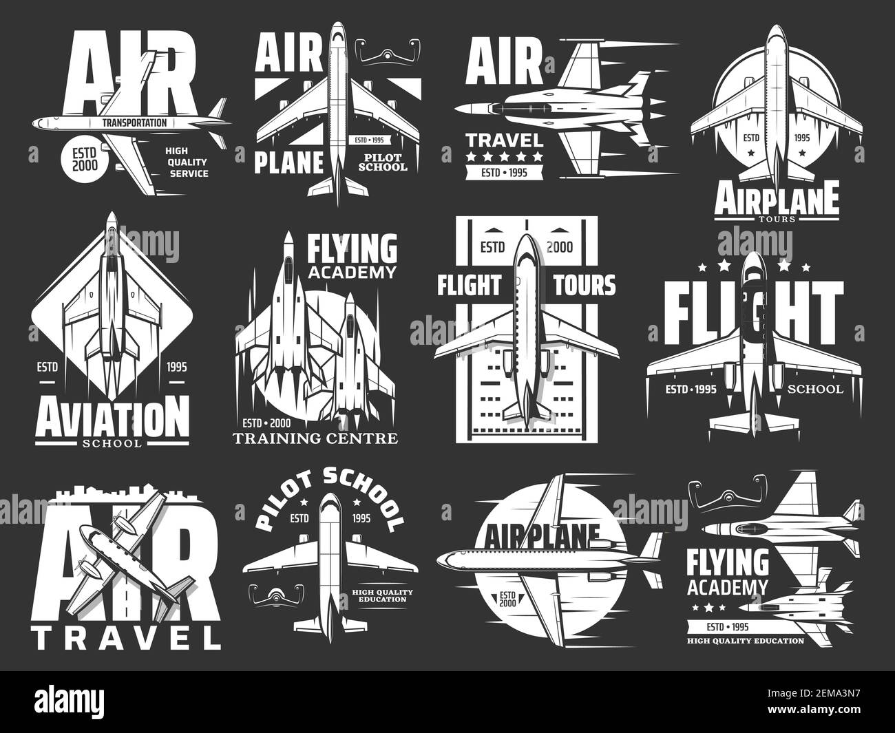 Aviation, air travel and airplane vector icons. Flight tours and ...