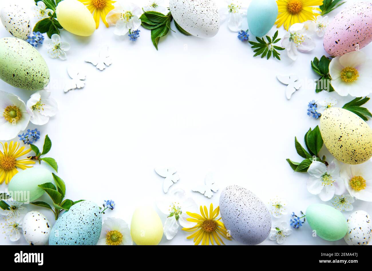 Colorful Easter eggs with spring blossom flowers isolated over white background. Colored Egg ...