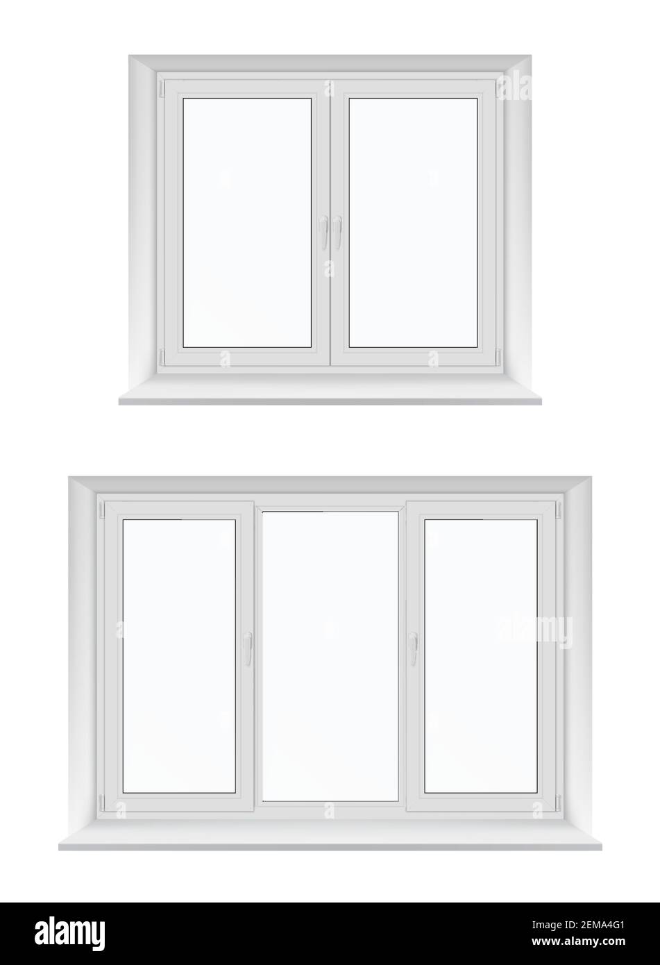 White isolated plastic windows, vector design with PVC frames and glass ...