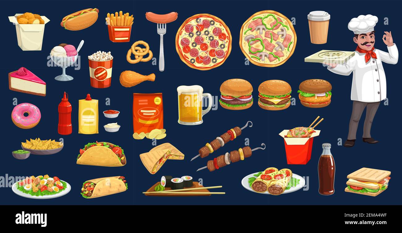 Fast food, drink and desserts with chef cartoon set. Vector burgers ...