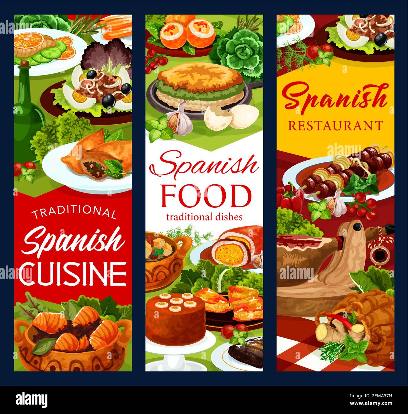 Spanish cuisine food vector banners of fish and meat dishes with ...