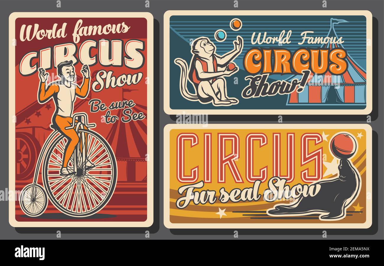 Circus or carnival top tent show retro banners. Vector acrobat riding ...