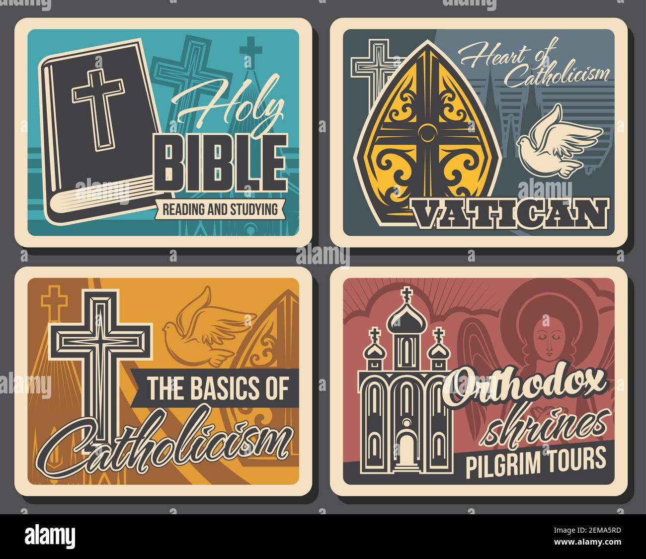 Christianity religion vector posters. Christian catholic religious ...