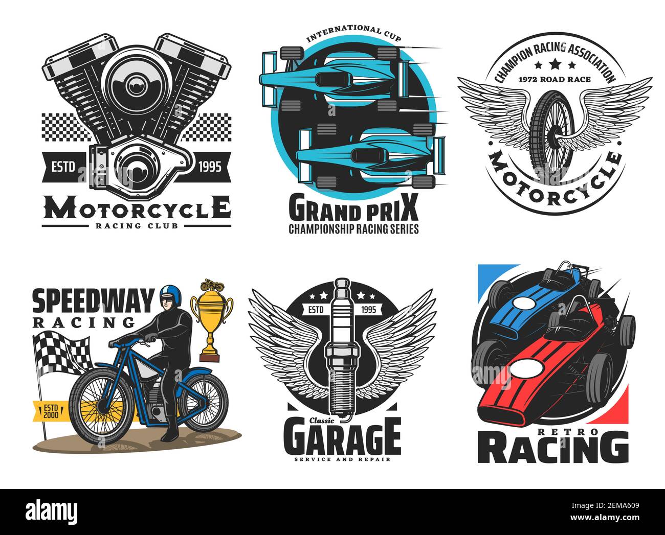 Speedway and motor racing sport club vector icons. Speedway and motor ...