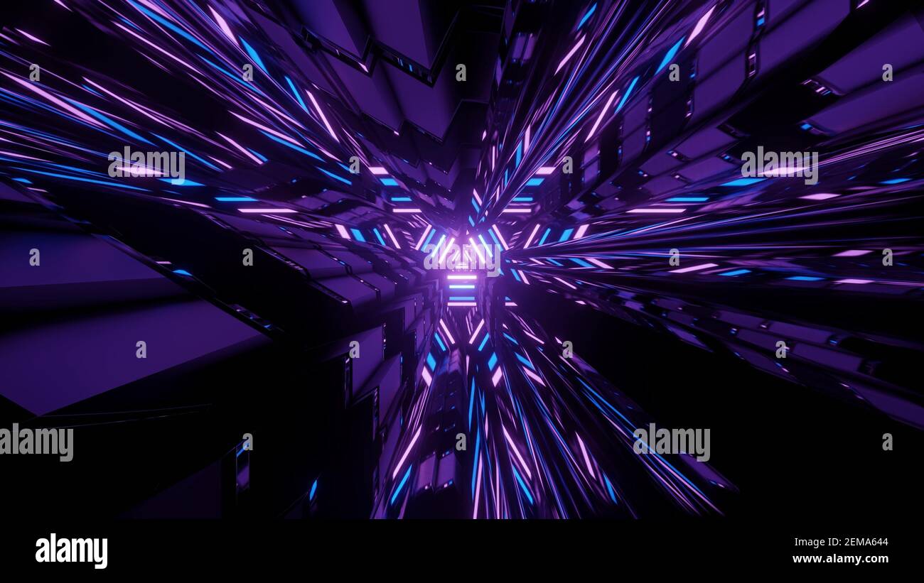 3D illustration of hypnotic pattern with neon light in dark labyrinth ...