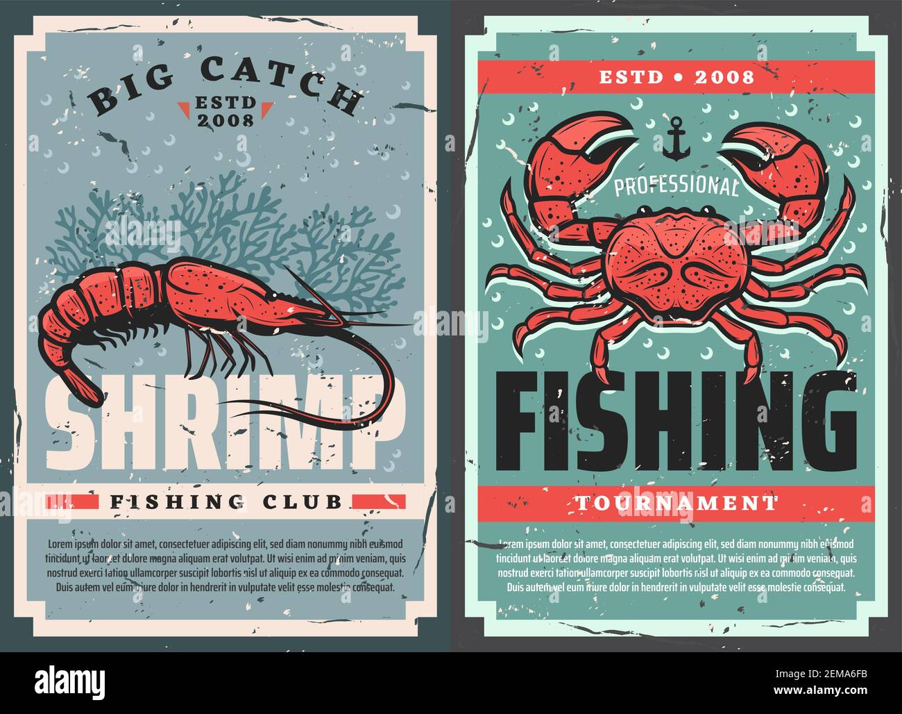 Seafood fishing club and fisher tournament, vector retro vintage ...