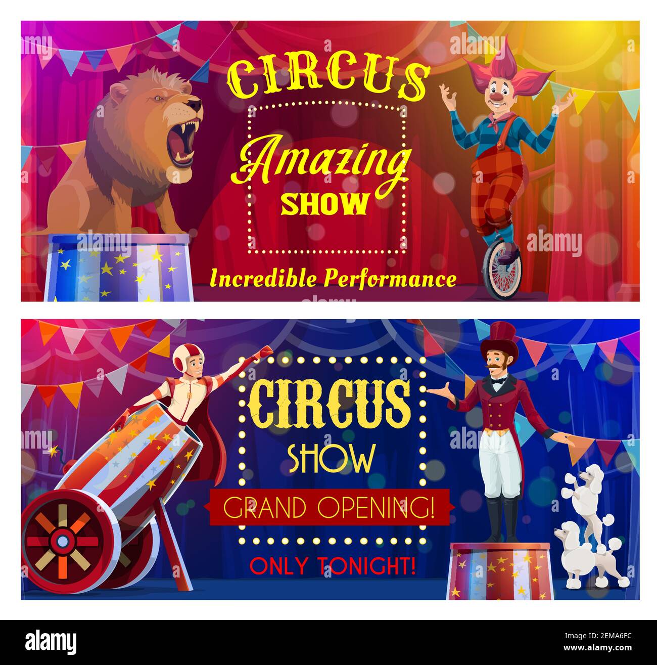 Circus performers of chapiteau carnival show cartoon vector. Clown acrobat, animal trainer and ...
