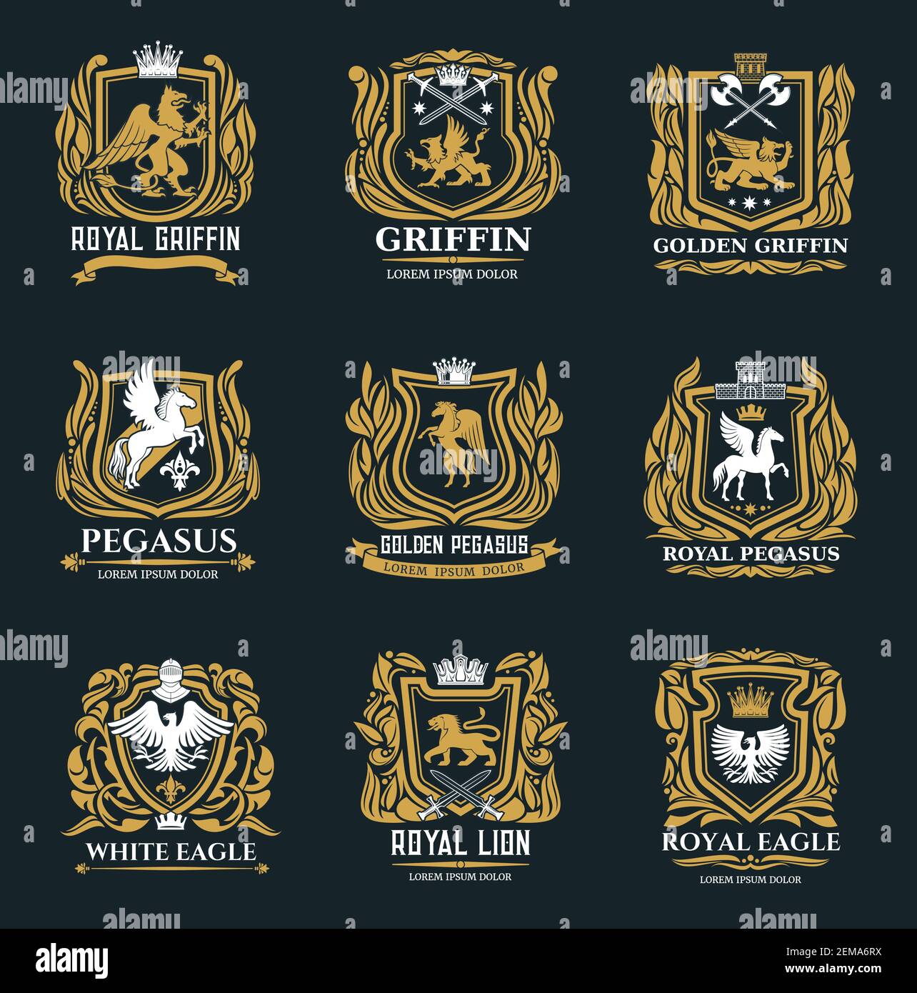 Heraldic royal vector icons of golden griffin, eagle, pegasus and lion ...