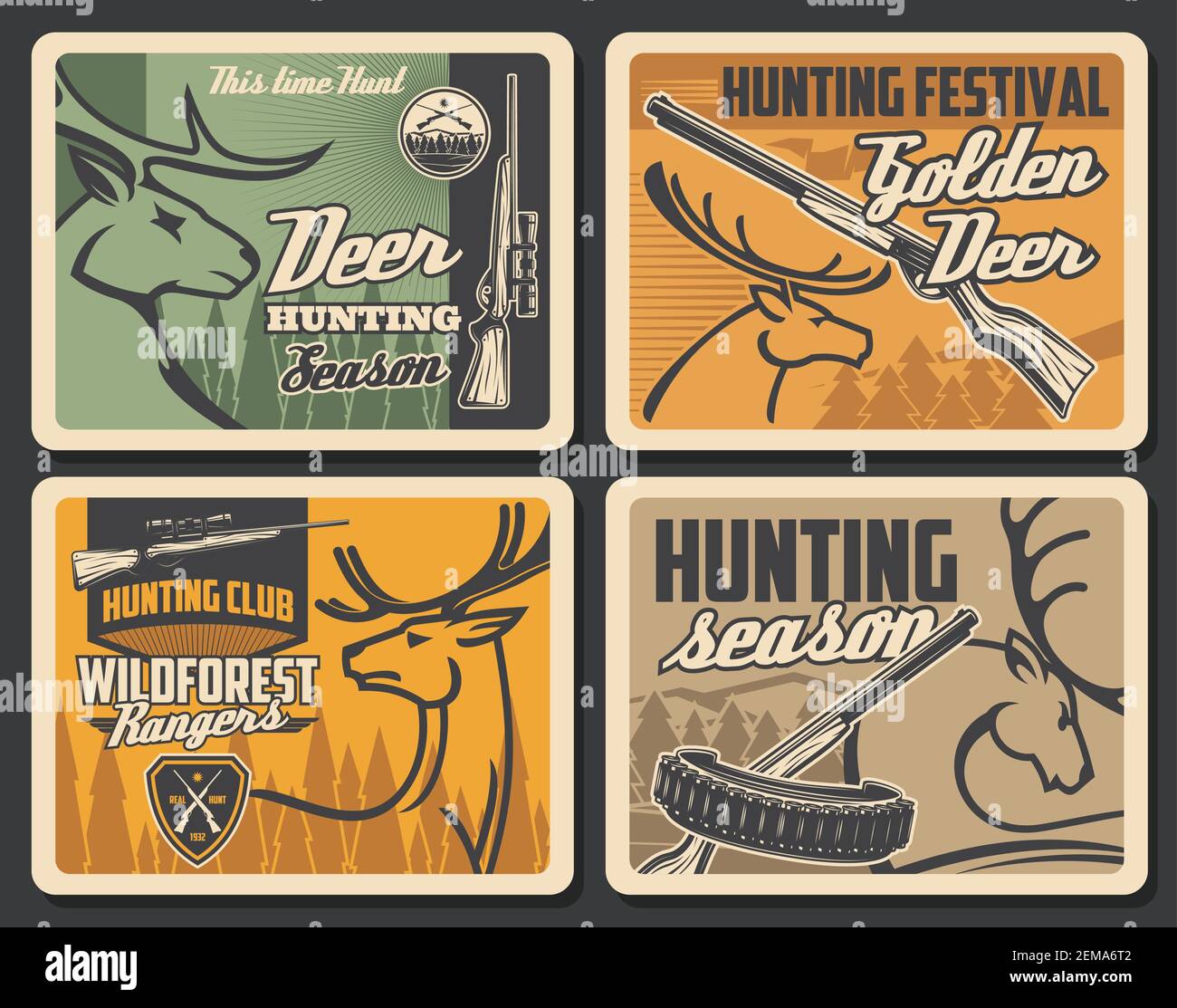 Hunter club and wild animals hunt season, vector vintage retro posters ...