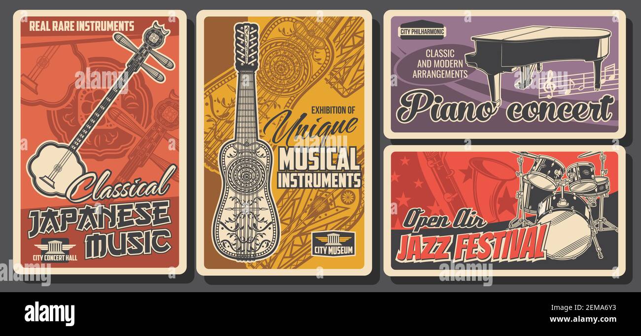 Folk and jazz live music fest, classical piano concert, vector retro ...