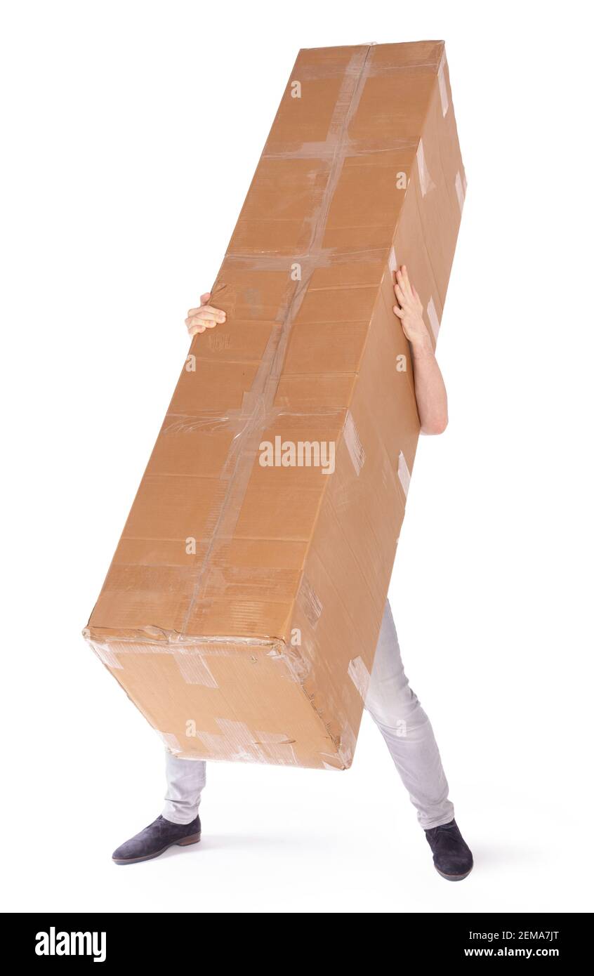 Man carrying a oversized cardboard box, isolated on white Stock Photo ...