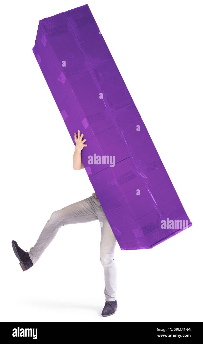 Man carrying a oversized purple cardboard box, isolated on white Stock ...