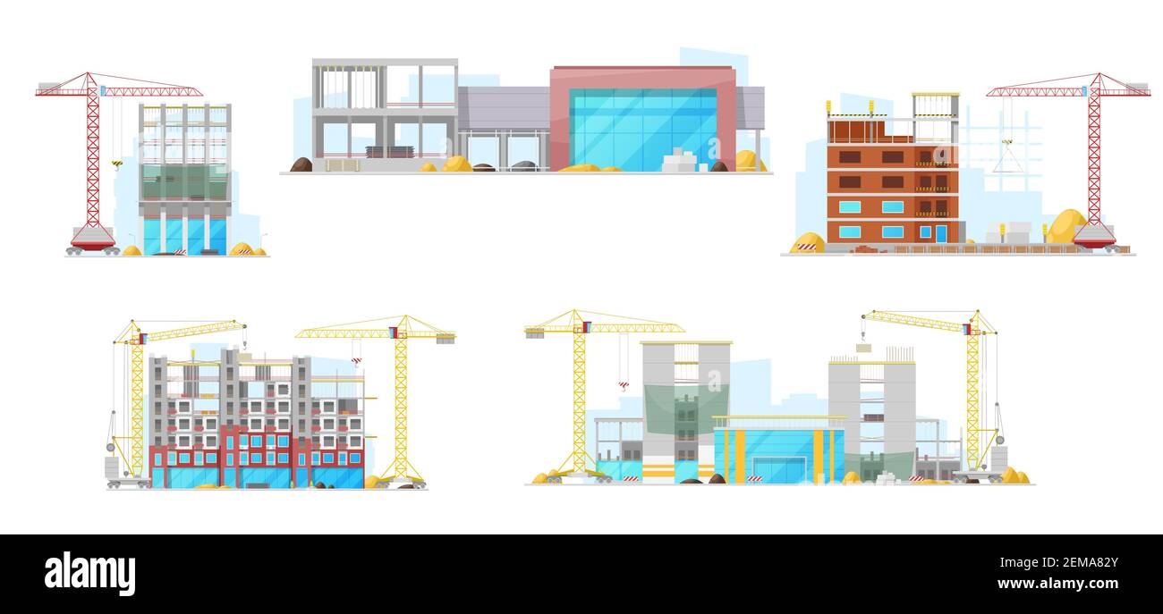 Residential houses and city offices buildings in process, vector ...