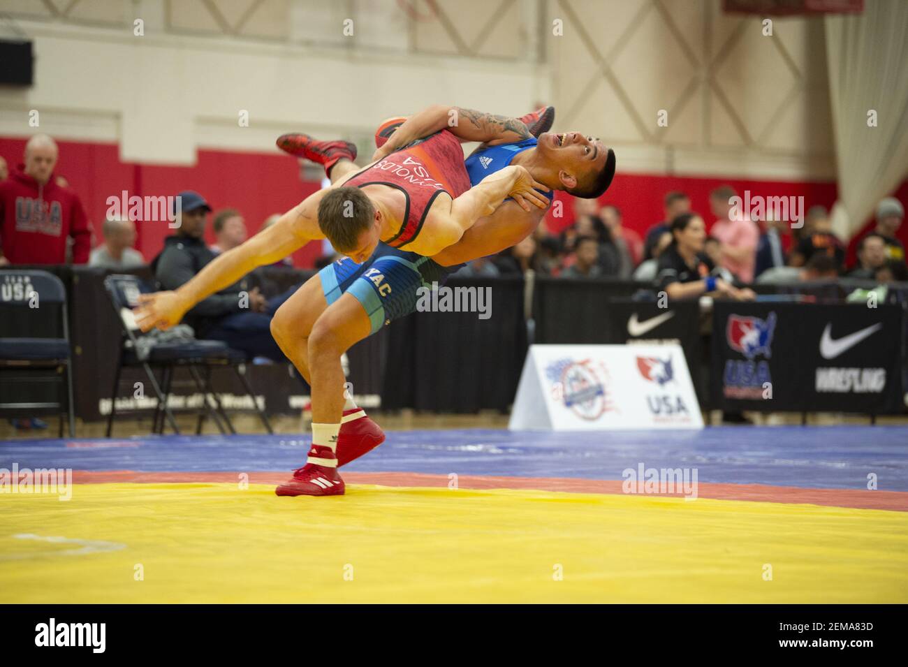 Anthonie Linares(Blue), throws Reynolds(Red) in the Greco Roman Prelims ...