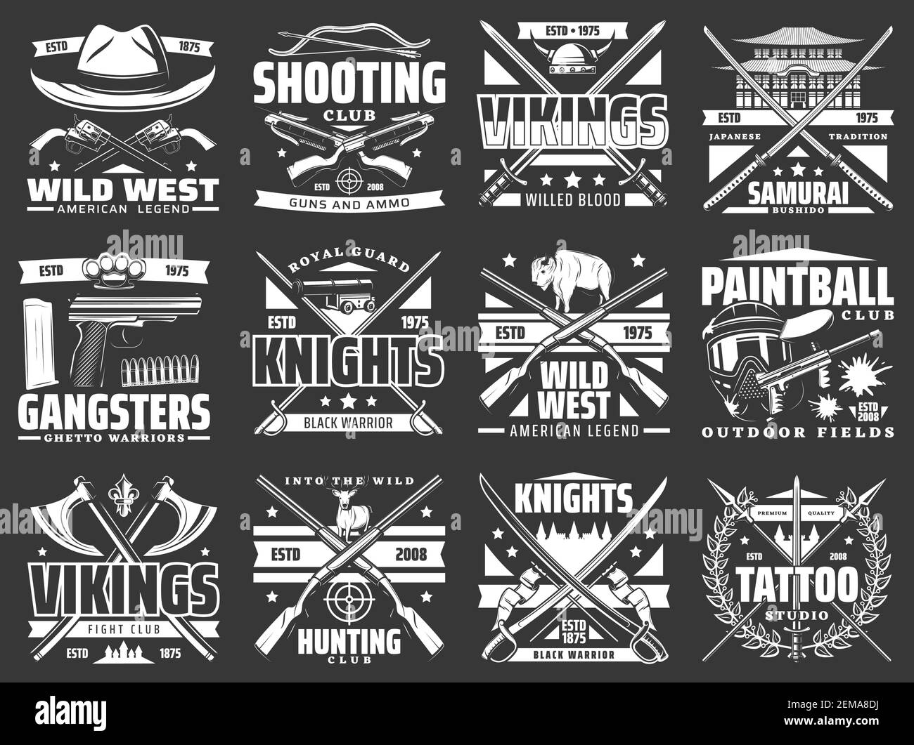 Weapon heraldic icons with vector hunting rifles, guns and knives ...