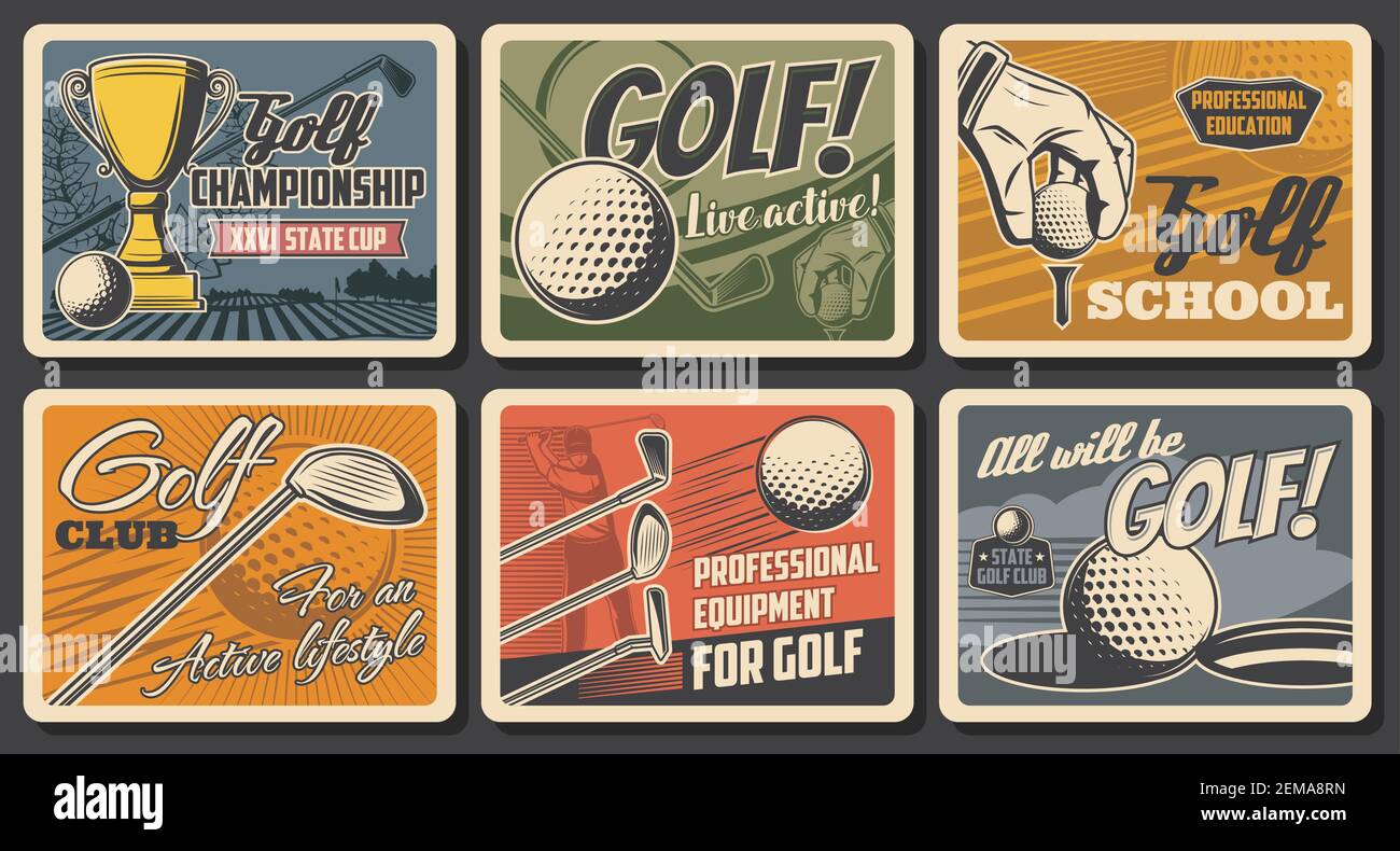 Golf championship cup and golfer sport school, vector vintage retro ...