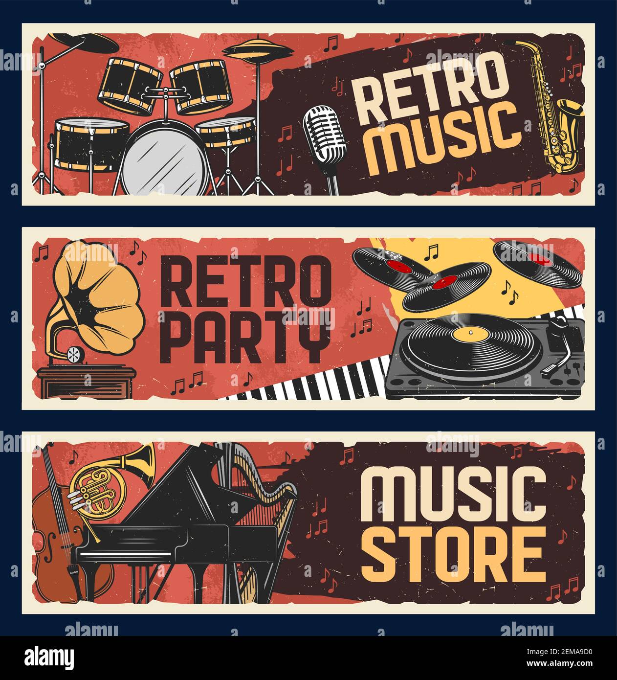 Retro music instruments store, vector retro vintage banners. Jazz music ...