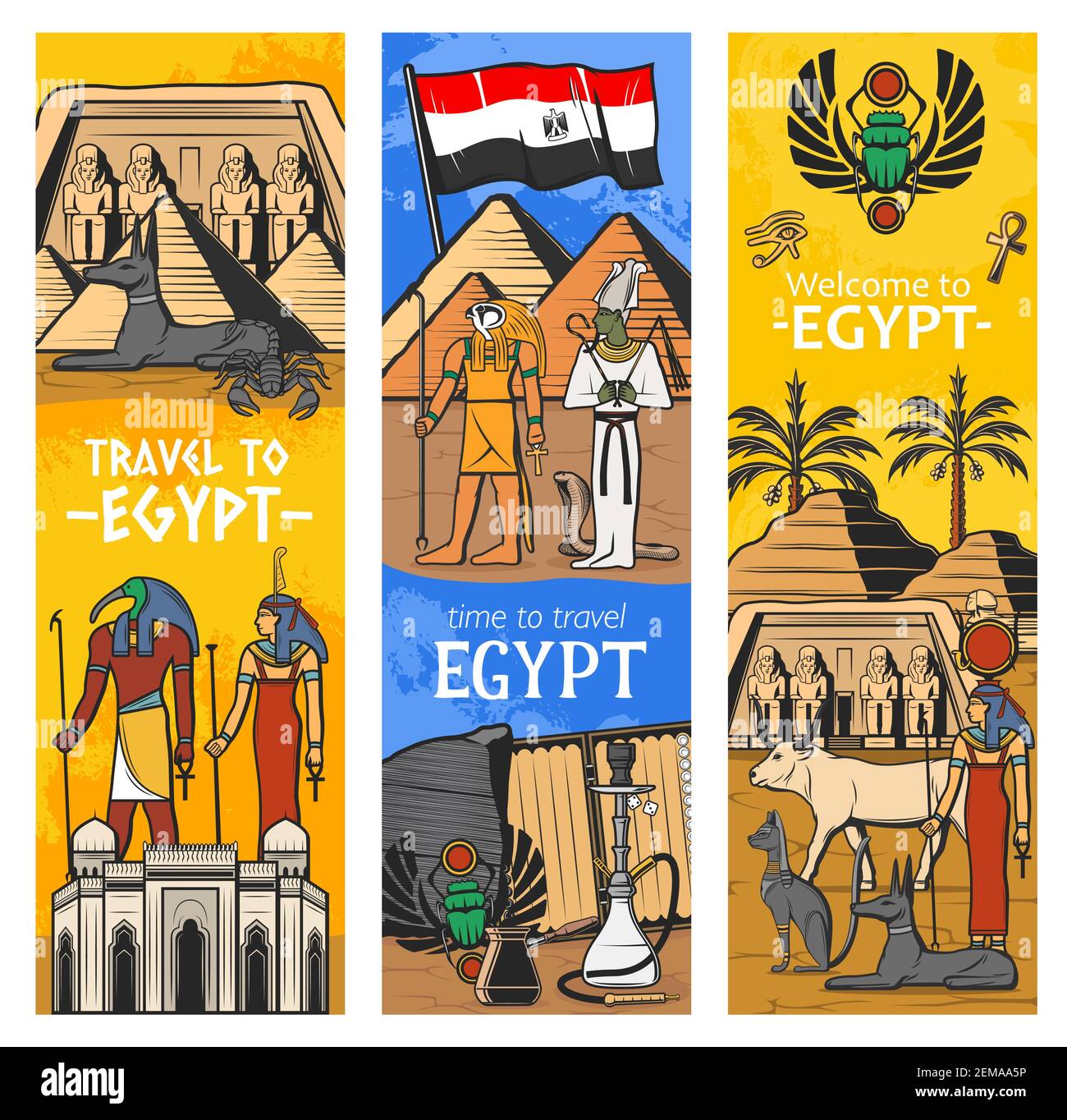 Ancient Egypt gods and landmarks, vector banners, Egypt travel and ...