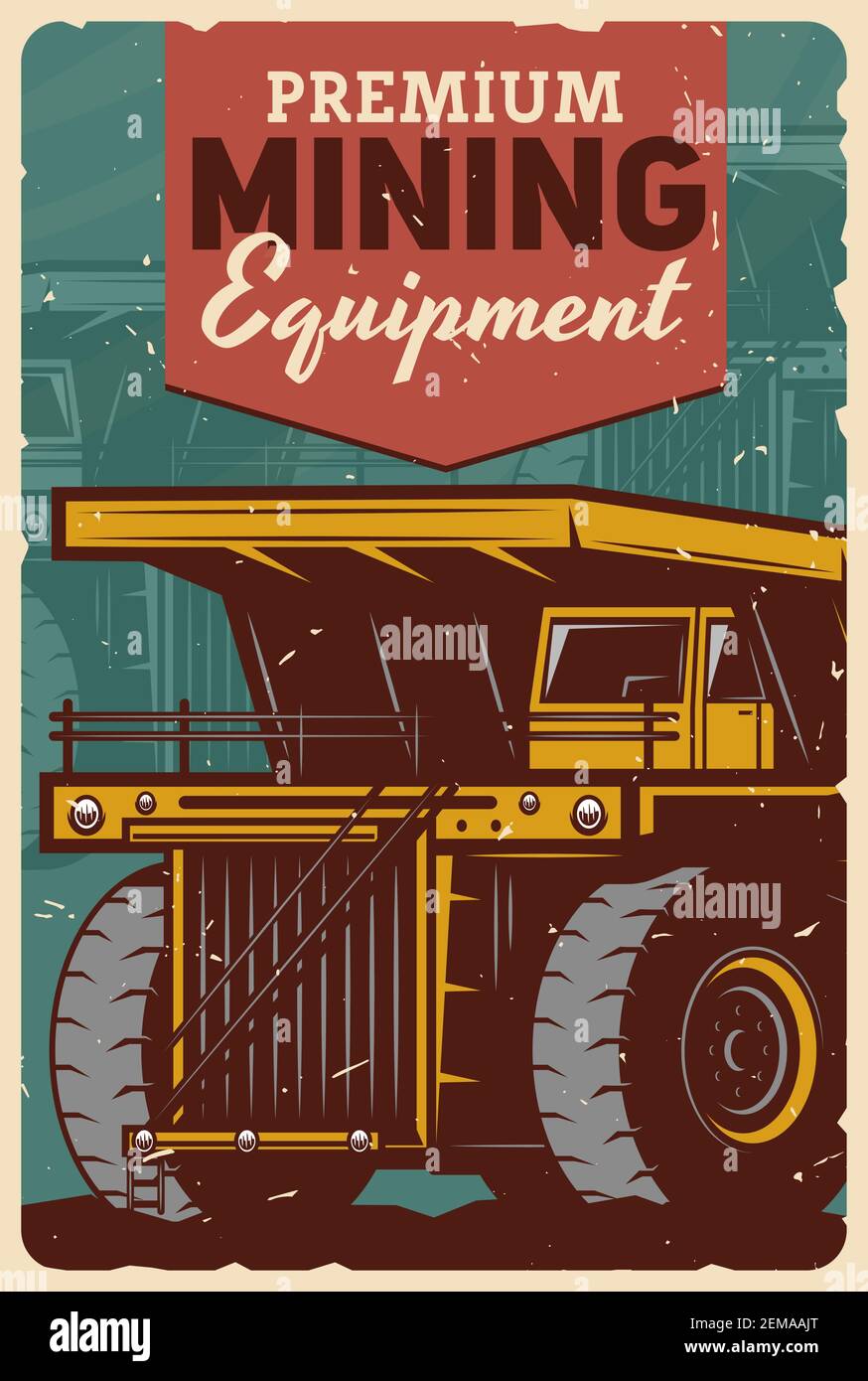 Coal mining machinery and industrial equipment, vector vintage grunge ...